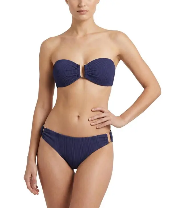 CHANGE OF SCENERY Layla U-bar Trim Textured Low-rise Hipster Bikini Bottom - Navy Texture