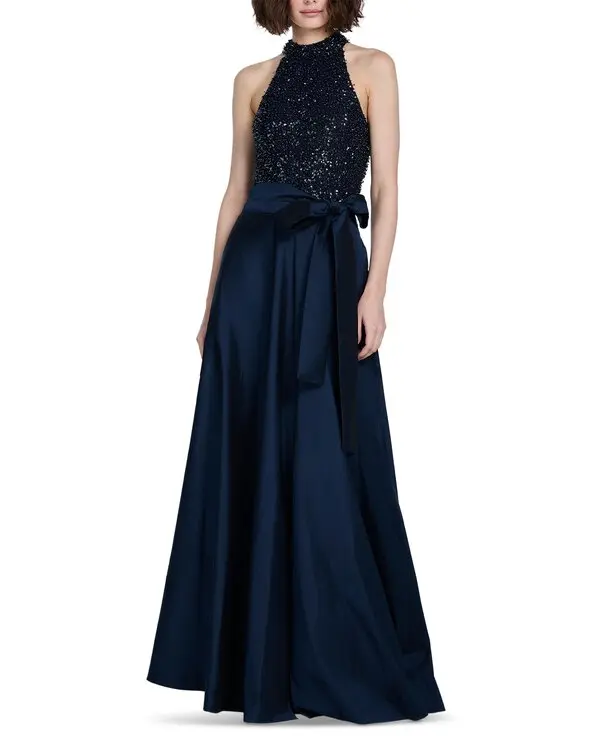 EMILY SHALANT Beaded Mock Neck Gown - Navy