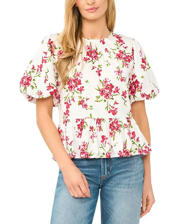 CECE DUPRAZ Floral Shirred Crewneck Top