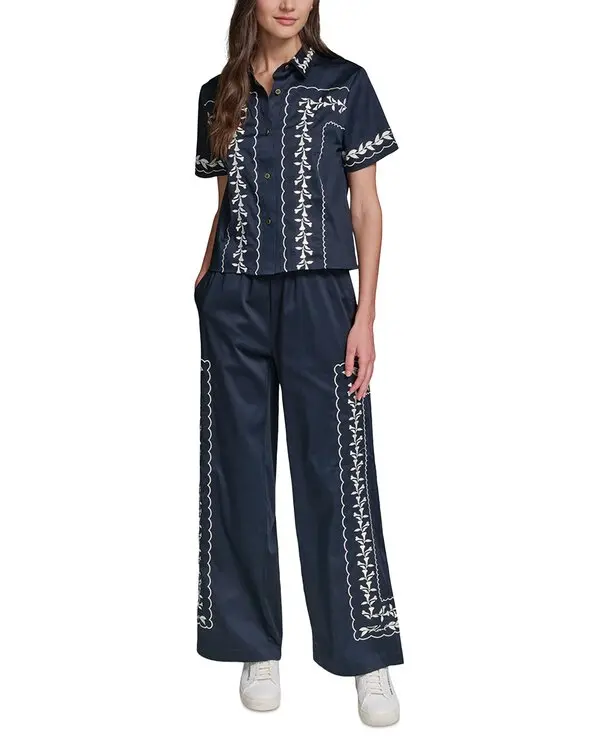 Karl Lagerfeld Embroidered Floral Wide-leg Pants
