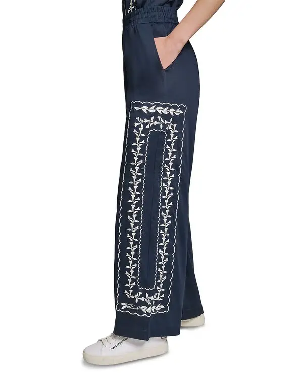 Karl Lagerfeld Embroidered Floral Wide-leg Pants