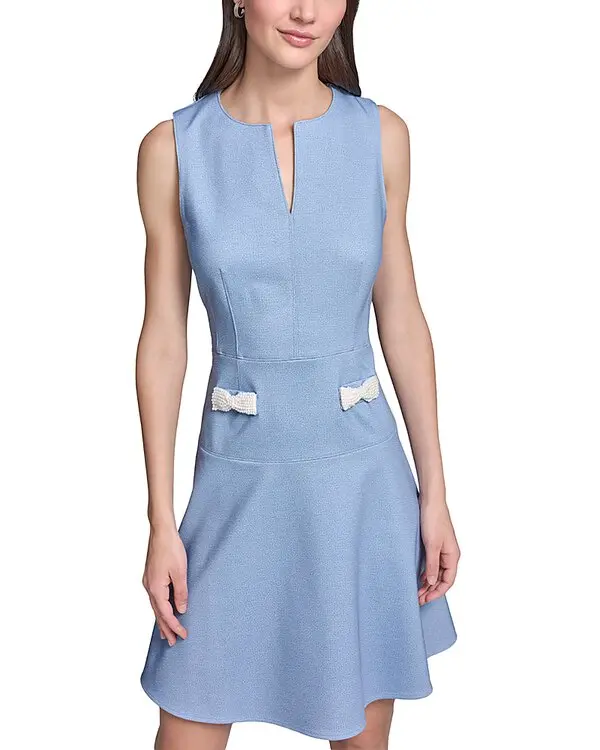 Karl Lagerfeld Paris Sleeveless Embellished Bow Fit And Flare Dress - Light Blue Multi