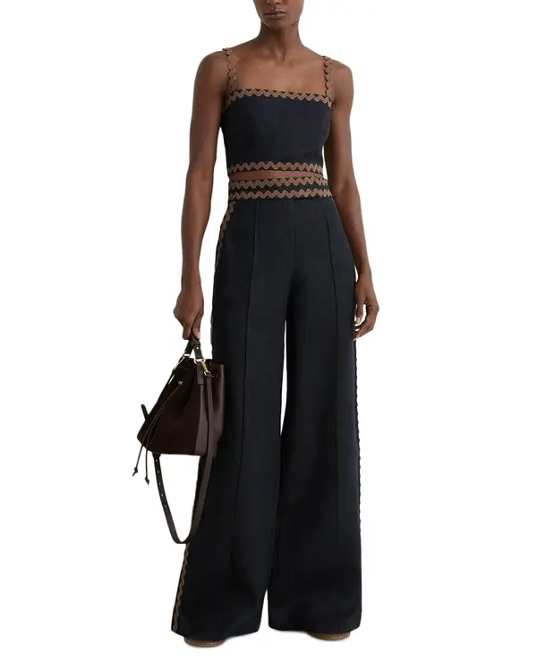 REISS Mila Linen Wave Trim Wide Leg Pants