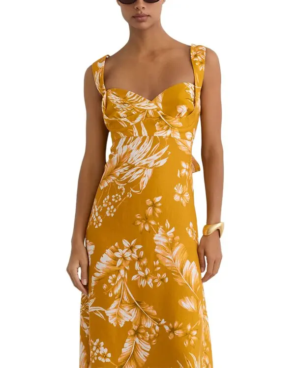 REISS Linen Floral Print Midi Dress
