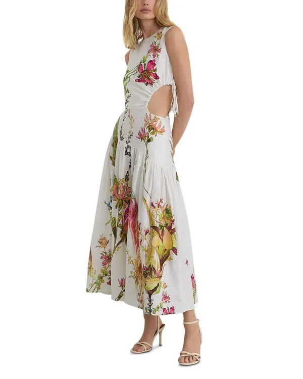 REISS Linen Cutout Floral Print Midi Dress