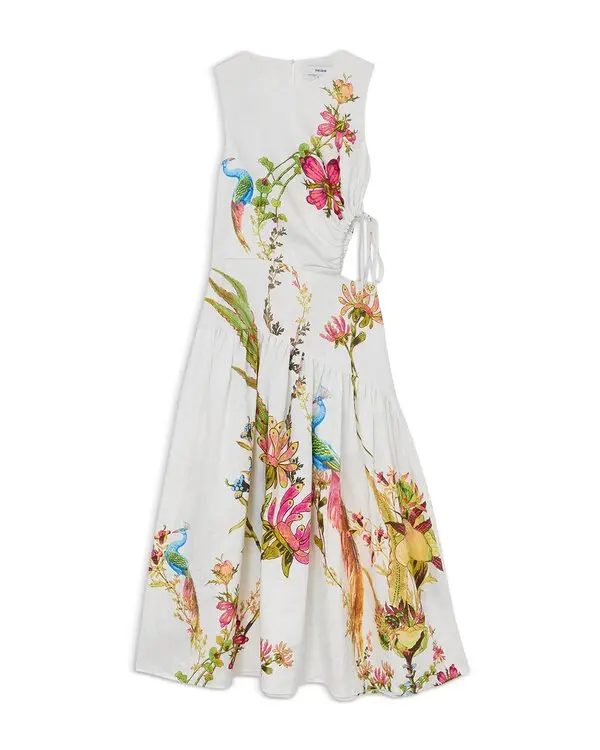 REISS Linen Cutout Floral Print Midi Dress