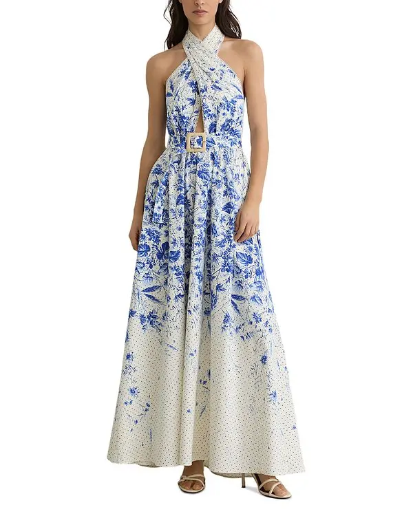 REISS Petite Printed Cotton Maxi Dress - Ivory/blue