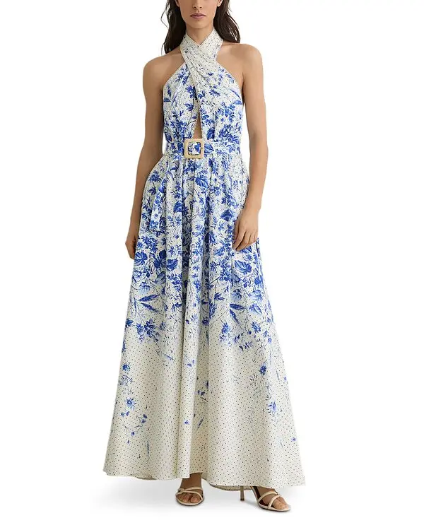 REISS Printed Halter Neck Maxi Dress With Belt - Ivory/blue
