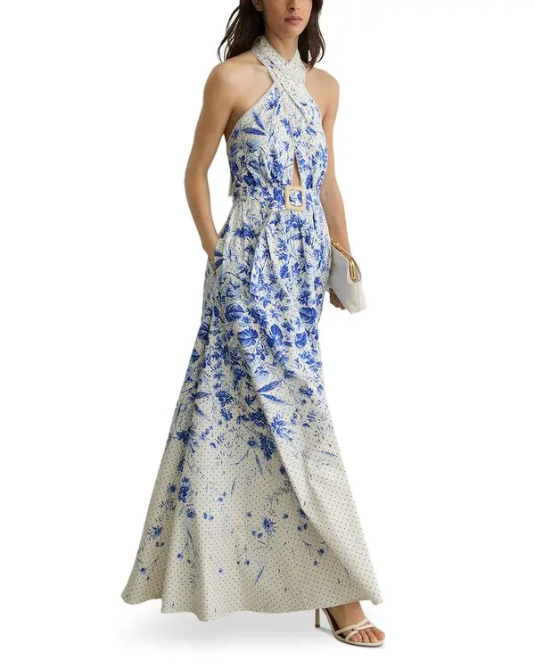 REISS Printed Halter Neck Maxi Dress With Belt