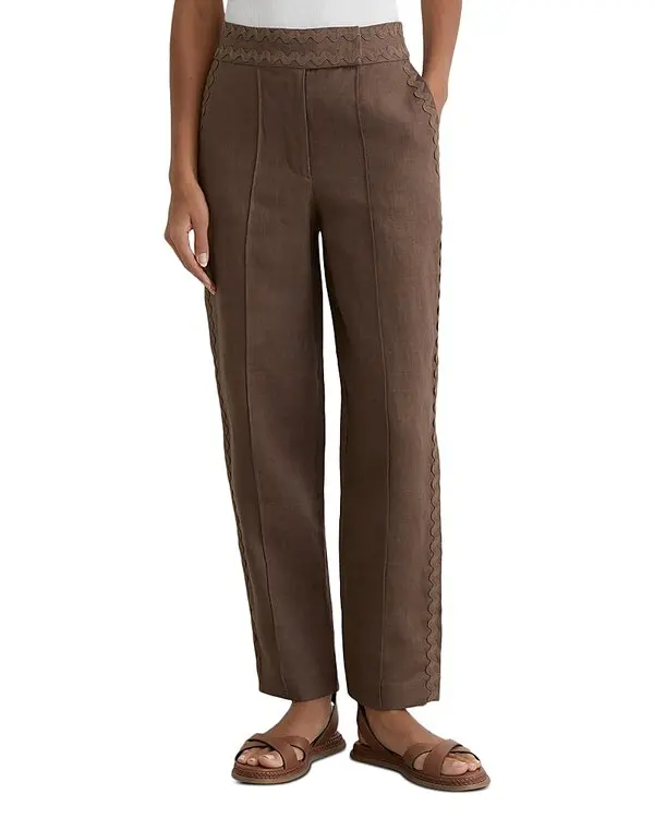 REISS Petite Wave Trim Tapered Linen Pants - Brown