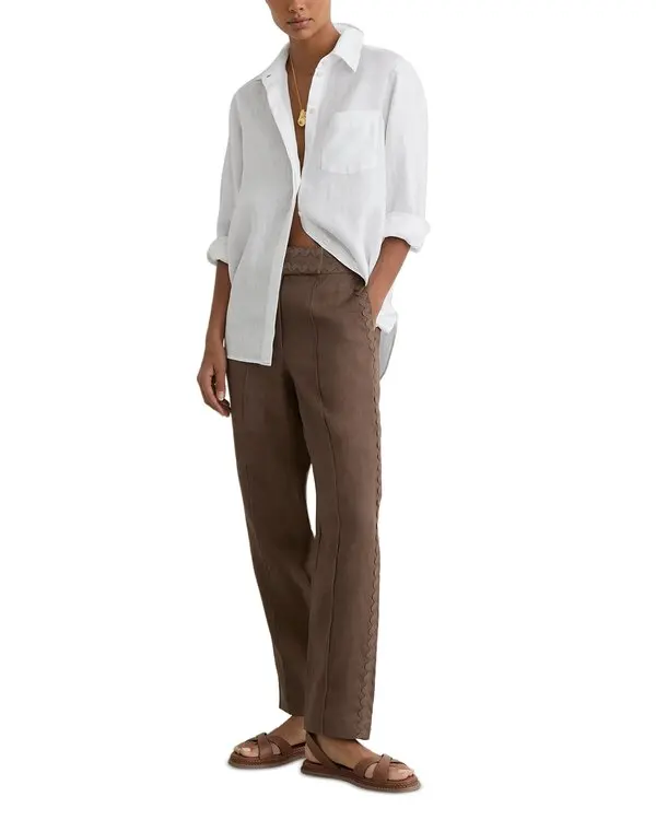 REISS Petite Wave Trim Tapered Linen Pants - Brown