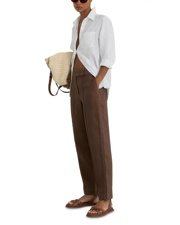 REISS Petite Wave Trim Tapered Linen Pants - Brown