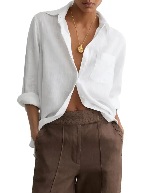 REISS Petite Wave Trim Tapered Linen Pants - Brown