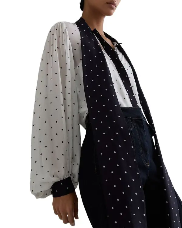 REISS Polka Dot Tie Neck Blouse