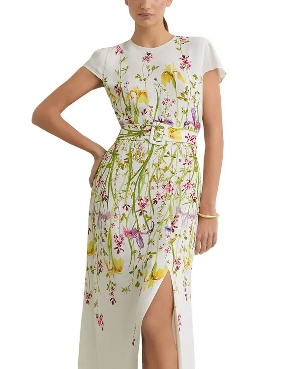 REISS Floral Printed Belted Midi Dress