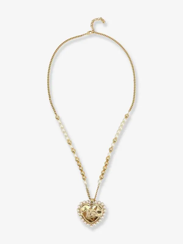 Dolce & Gabbana Gold Brass Necklace With Dg Logo And Pearl Detail - Multicolor