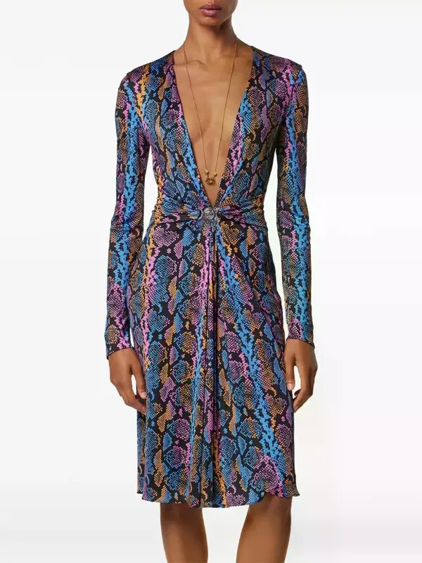 Versace Long-sleeved Python Print Midi Dress