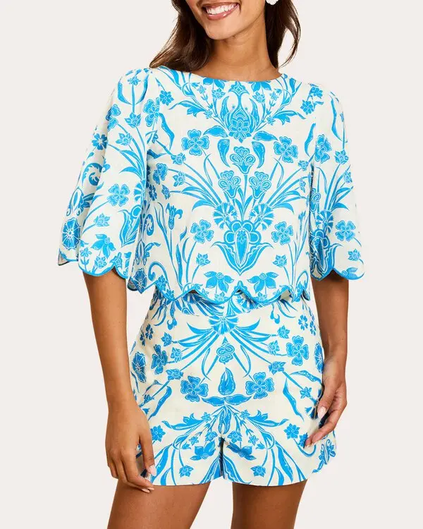 Mestiza New York Charlize Floral Cotton Scalloped Crop Top - Blue