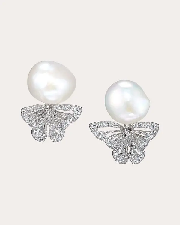 ANABELA CHAN Diamond & Pearl Butterfly Stud Earrings In 18k Gold - White