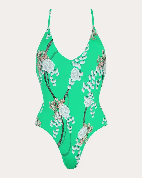 AGUACLARA Jade V-neck One-piece With Floral Print - Green