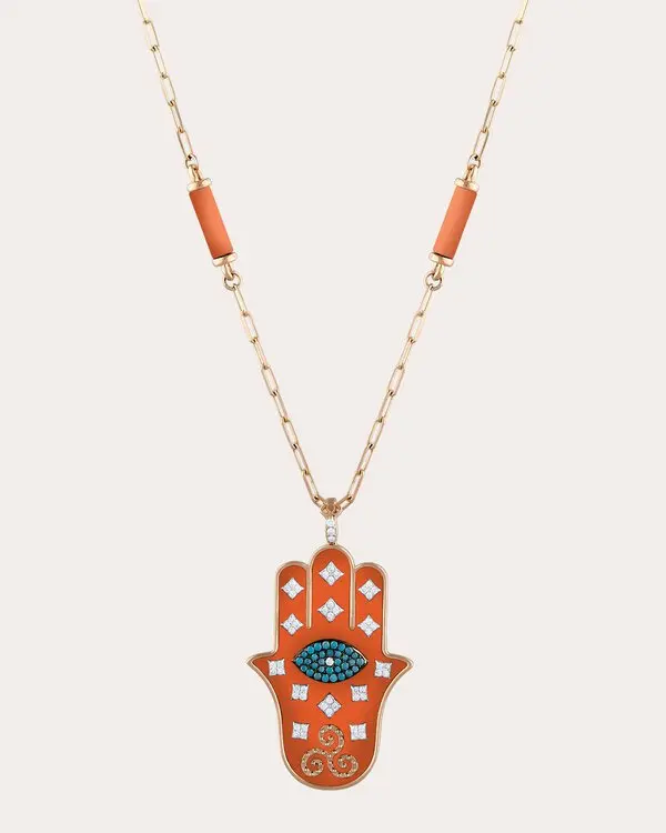 BEE GODDESS 14k Rose Gold Diamond And Enamel Fatima's Hand Pendant Necklace - Orange
