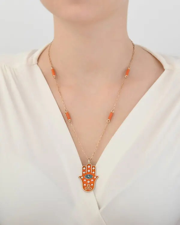 BEE GODDESS 14k Rose Gold Diamond And Enamel Fatima's Hand Pendant Necklace