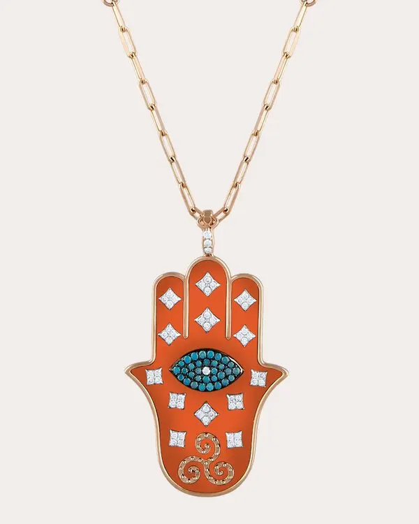 BEE GODDESS 14k Rose Gold Diamond And Enamel Fatima's Hand Pendant Necklace
