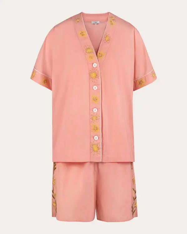 KARMA ON THE ROCKS Sumi Embroidered Floral Cotton Pajama Set - Pink