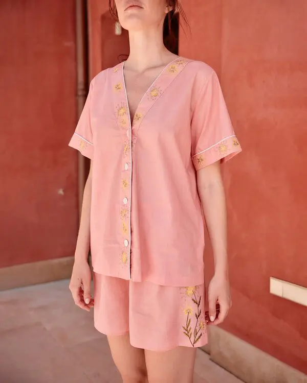 KARMA ON THE ROCKS Sumi Embroidered Floral Cotton Pajama Set
