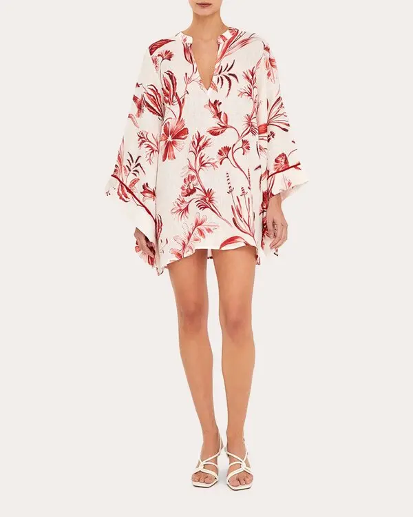 AGUACLARA La Vie Rouge Linen Kaftan Mini Dress