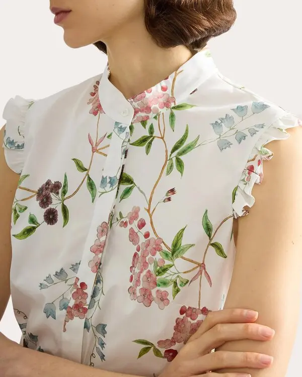 Erdem Floral Cotton Ruffle Mandarin Collar Shirt
