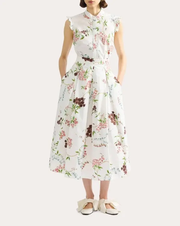 Erdem Floral Cotton Ruffle Mandarin Collar Shirt