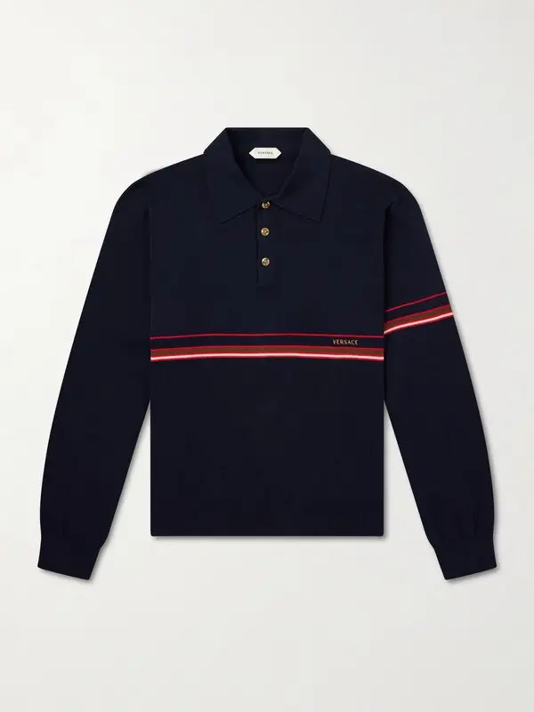 Versace Logo-embroidered Striped Cotton Polo Sweater