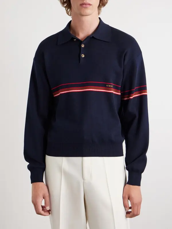 Versace Logo-embroidered Striped Cotton Polo Sweater