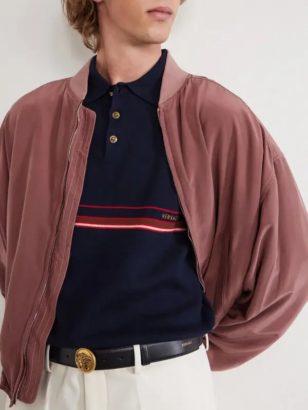 Versace Logo-embroidered Striped Cotton Polo Sweater