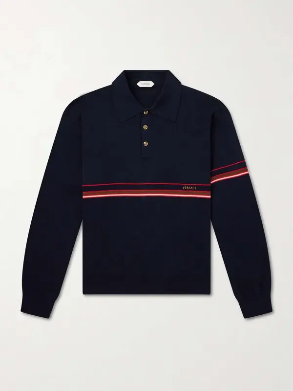 Versace Logo-embroidered Striped Cotton Polo Sweater