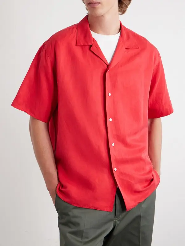 A.PRESSE Convertible-collar Silk And Linen-blend Shirt - Red