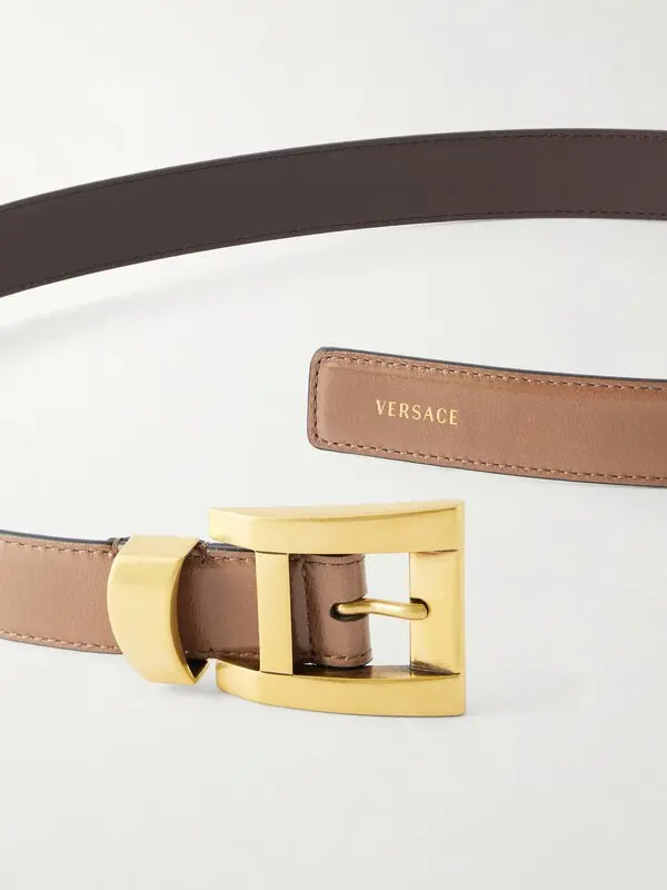 Versace Calfskin Leather Belt With Gold-tone Buckle - Brown