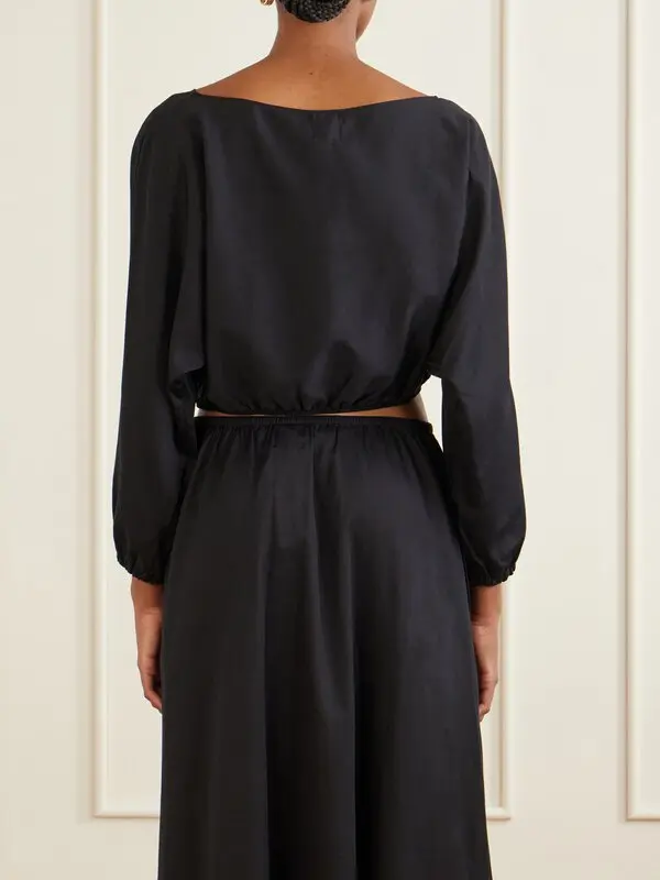 LESET Yoko Cropped Gathered Cotton-poplin Top - Black