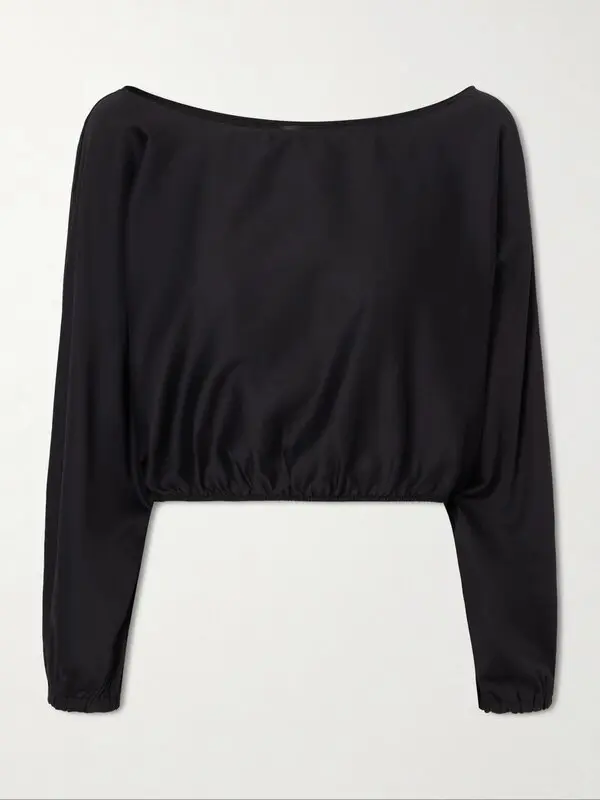 LESET Yoko Cropped Gathered Cotton-poplin Top - Black