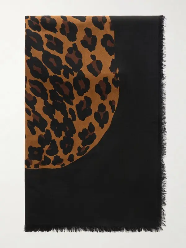 Saint Laurent Grand Carre Animal-print Fringed Wool Scarf - Black