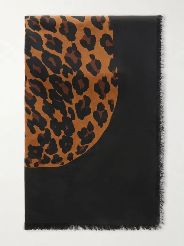 Saint Laurent Grand Carre Animal-print Fringed Wool Scarf - Black