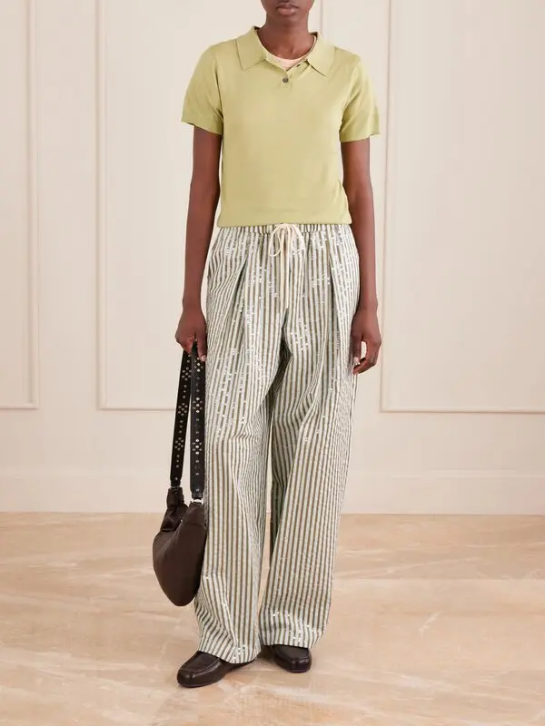 TWP Sequin-trimmed Striped Cotton-blend Wide-leg Drawstring Pants - Multi