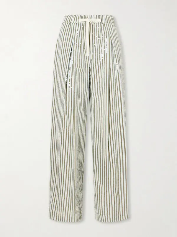 TWP Sequin-trimmed Striped Cotton-blend Wide-leg Drawstring Pants