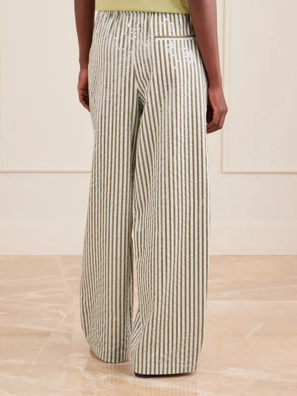 TWP Sequin-trimmed Striped Cotton-blend Wide-leg Drawstring Pants