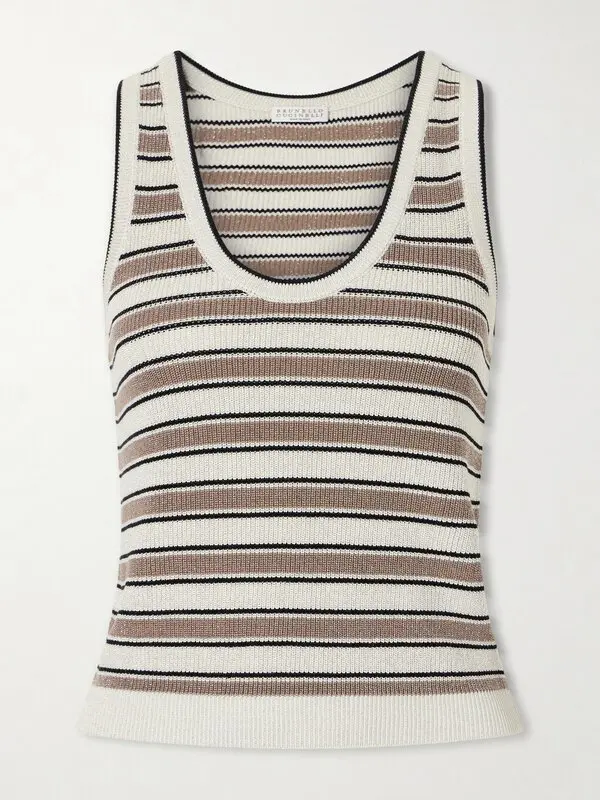 Brunello Cucinelli Striped Cotton-blend Scoop Neck Top - Neutrals