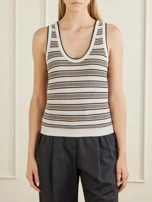 Brunello Cucinelli Striped Cotton-blend Scoop Neck Top - Neutrals