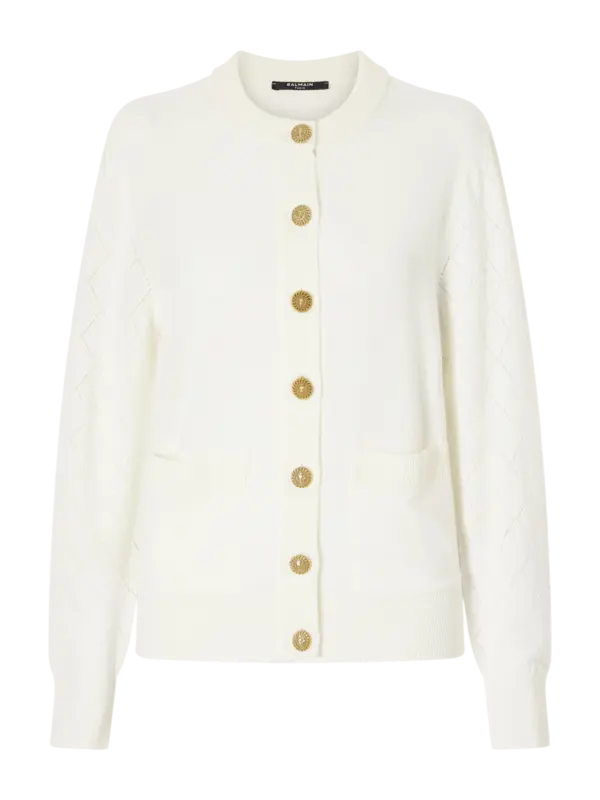 Balmain Cotton Pointelle-knit Cardigan With Gold-toned Buttons - White