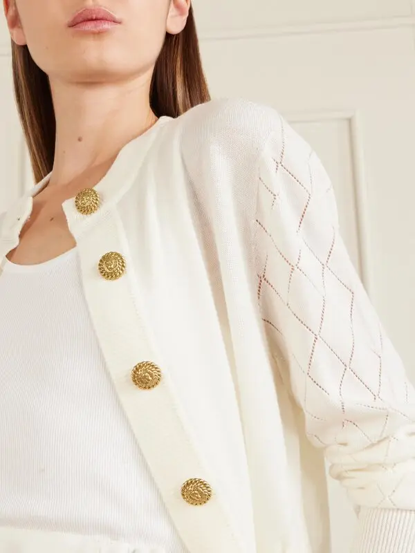 Balmain Cotton Pointelle-knit Cardigan With Gold-toned Buttons