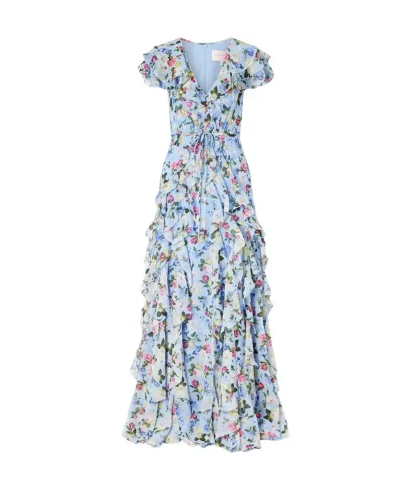 Carolina Herrera Ruffled Floral-printed Silk Chiffon Gown - Blue